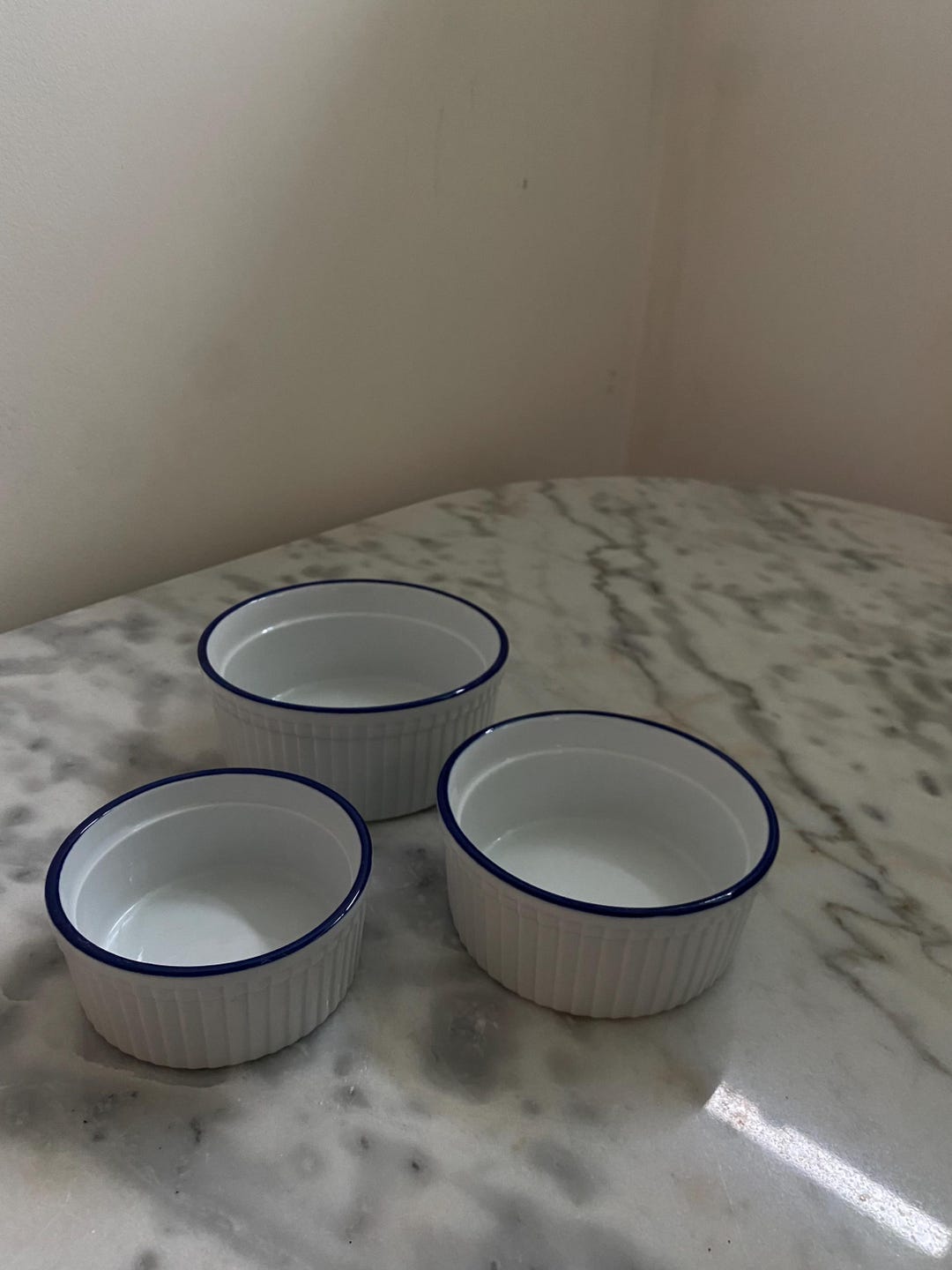 Set of Three Ceramic Baking Dishes With Blue Rim | Vintage Stackable ...