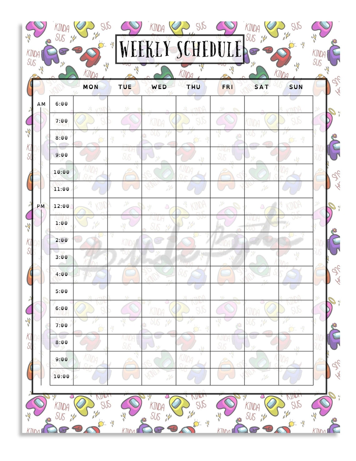 Printable Among Us "kinda Sus" Weekly Hourly Planner - Weekly Schedule ...