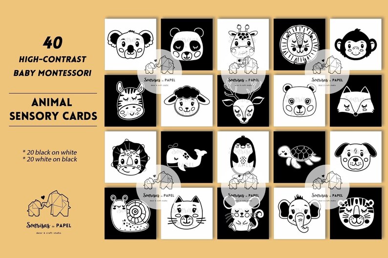 Animals Flashcards for Newborn. High Contrast Baby Sensory Cards for ...