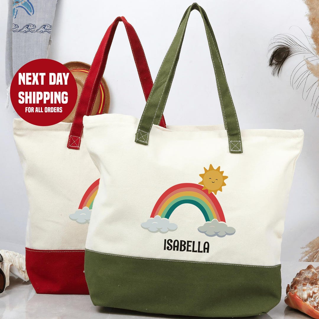 Custom Rainbow Tote Bag, Personalized Name Tote Bag, Canvas Tote Bag ...