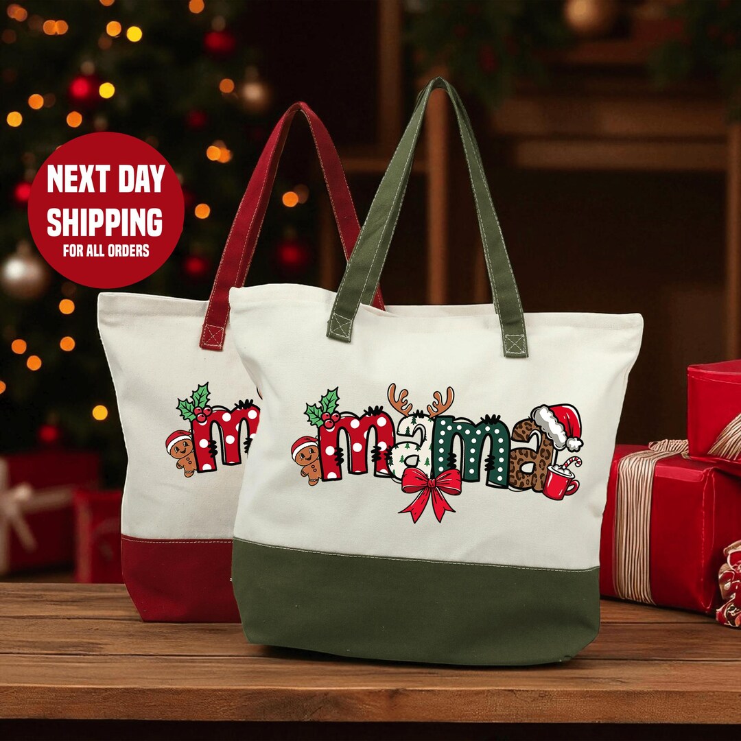 Mama Christmas Tote Bag, Personalized Christmas Gift for Mom, Holiday ...