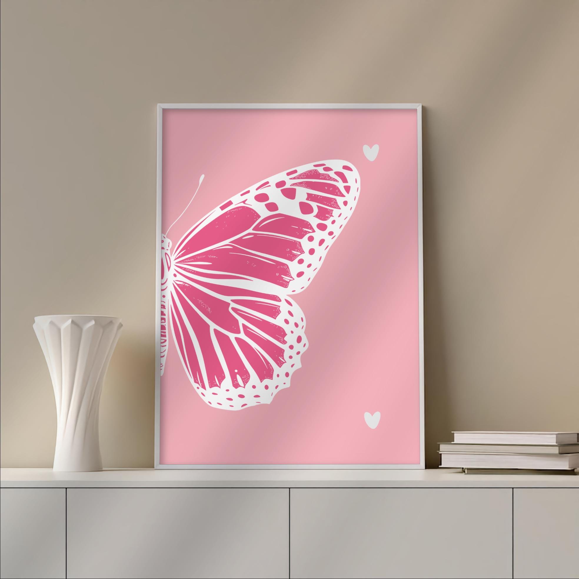 Preppy Pink Butterfly Wall Art Set for Teen Bedroom Modern Digital ...