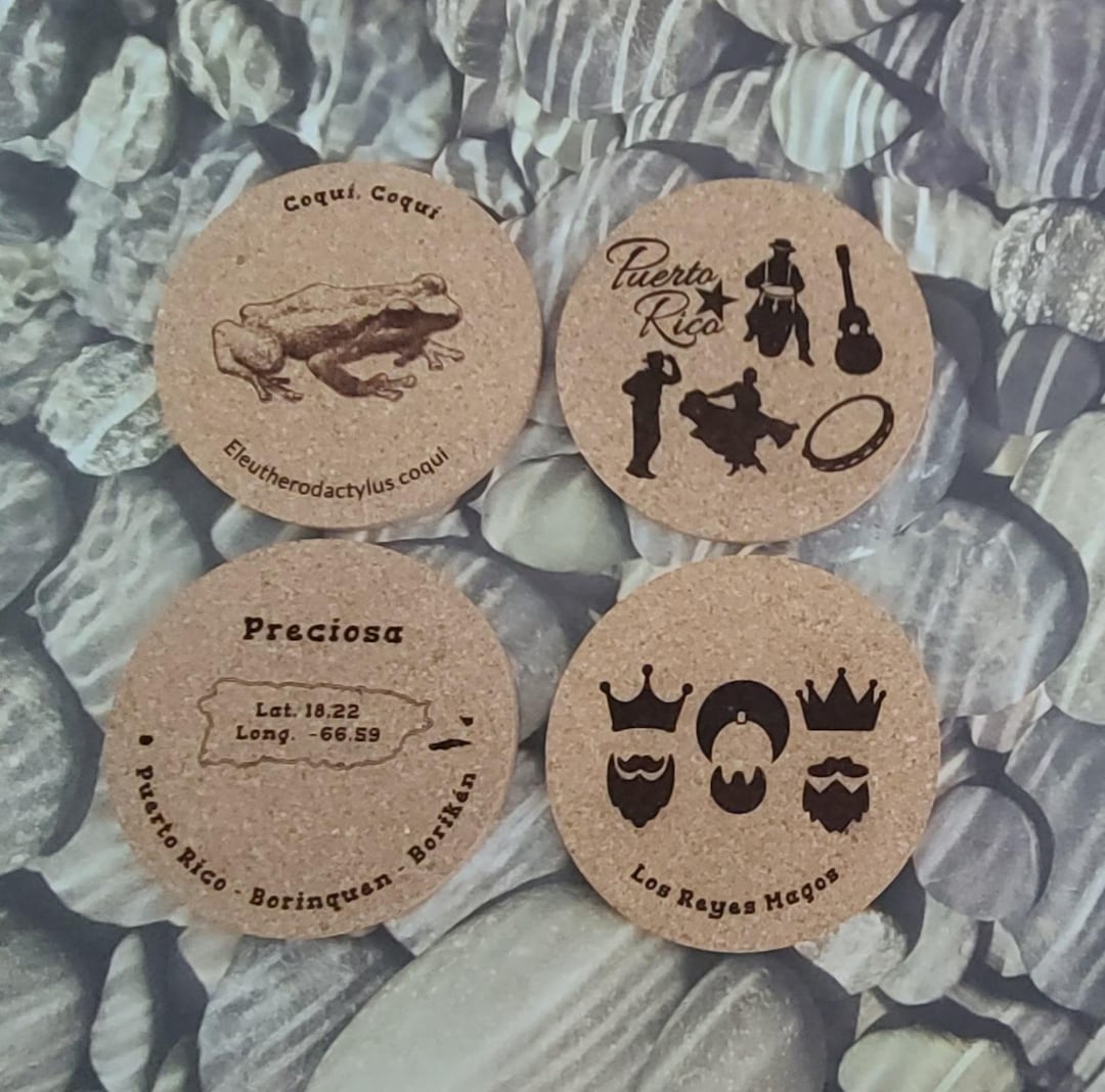 Puerto Rico Themed Laser Engraved Cork Coasters - Single Side Print ...