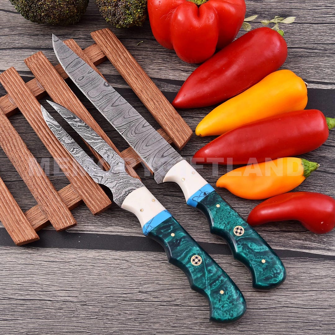 Personalized Handmade Fillet Knife Pair With Fork Damascus Steel Blade ...