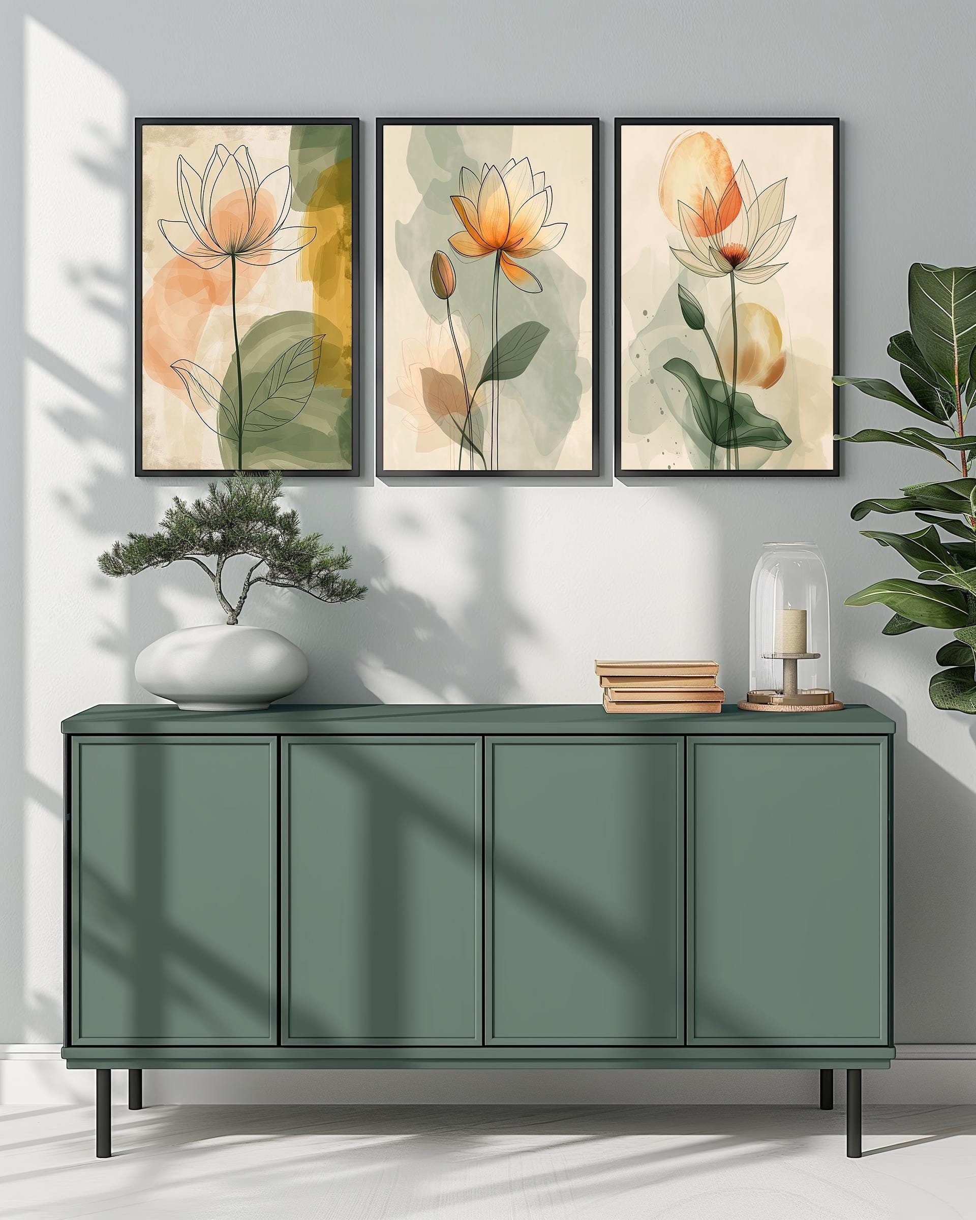 Botanical Flower Triptych Printables, Digital Wall Art, Home Decoration ...