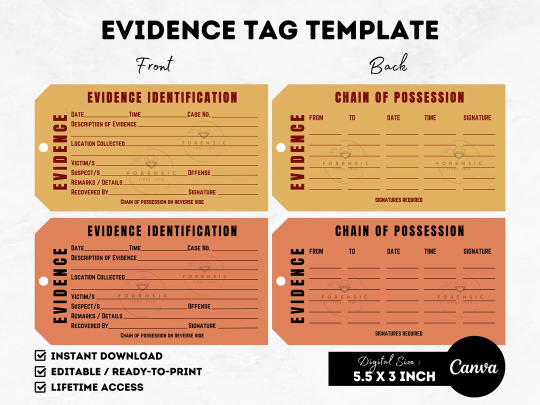 Evidence Tag Template Chain of Custody Printable Crime Scene Props ...