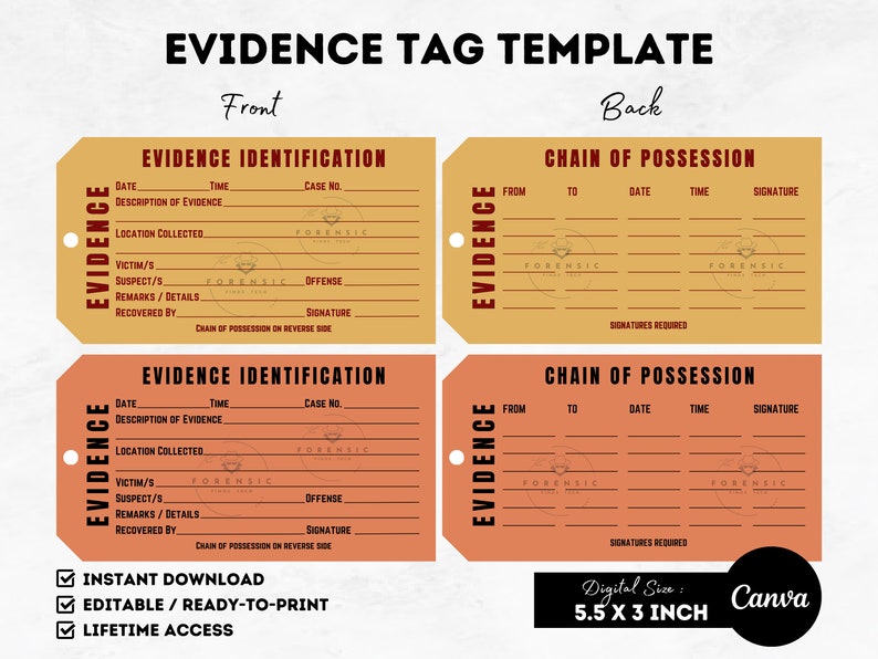 Evidence Tag Template Chain of Custody Printable Crime Scene Props ...