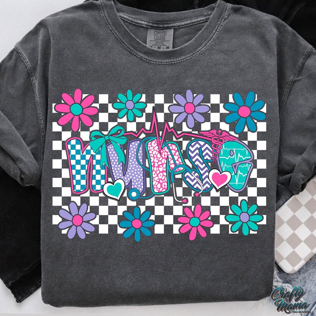 Retro Checkered Nurse PNG, Coquette Nursing Png, Boho Floral Preppy ...