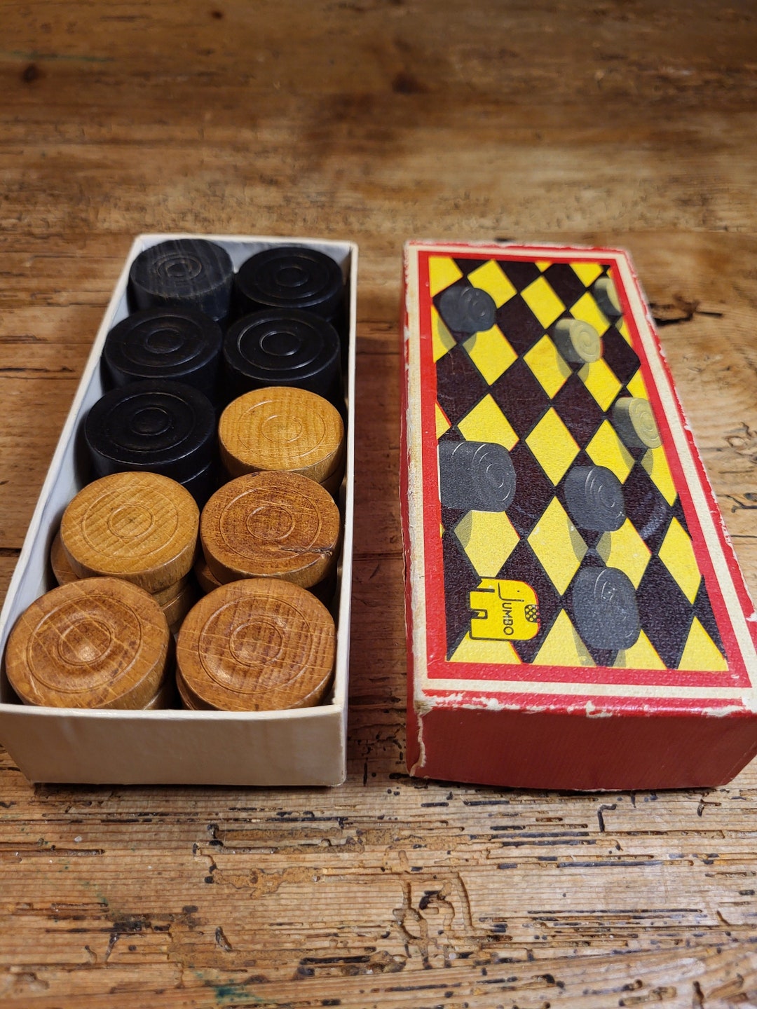 Vintage Jumbo Box of Checkers. Checkers. Black and White. Wooden ...