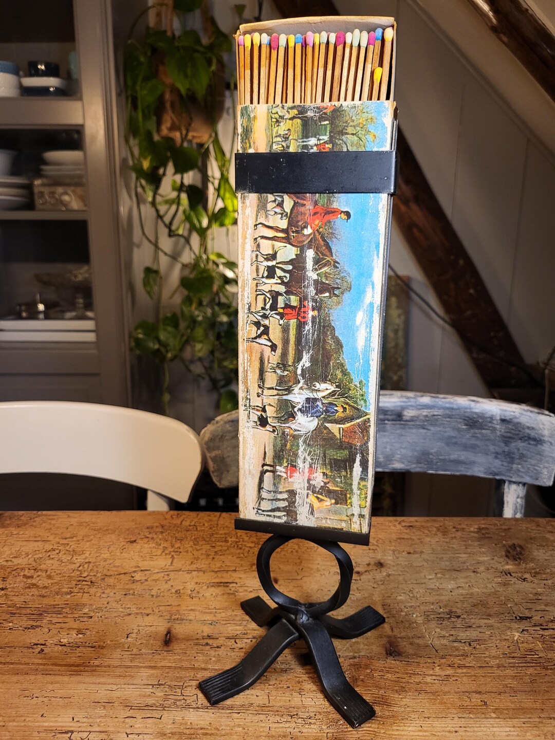 Vintage Wrought Iron Match Holder. Black Metal With Old Cardboard Box ...