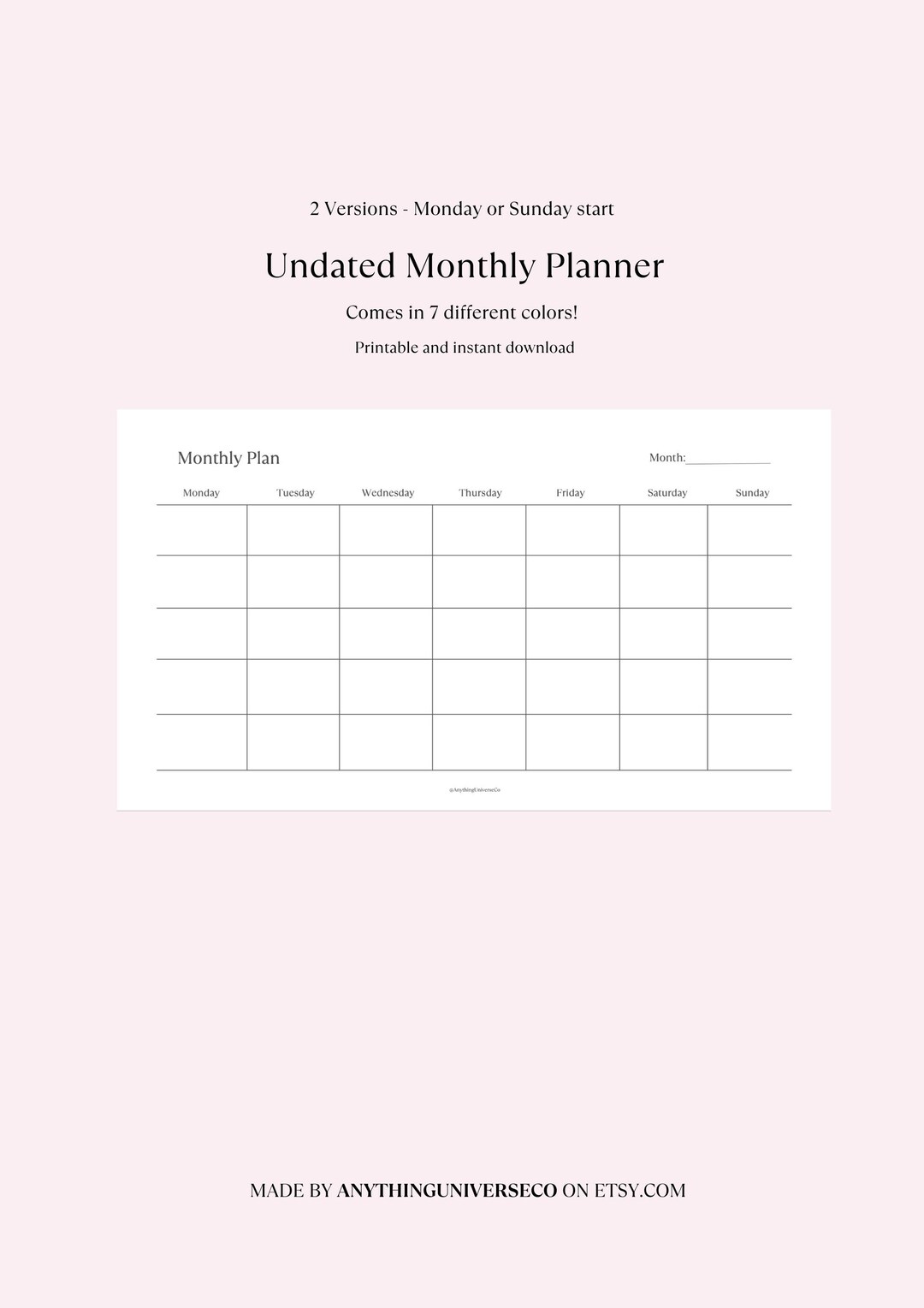 Undated Monthly Planner, Calendar, With Monday & Sunday Start, 7 ...