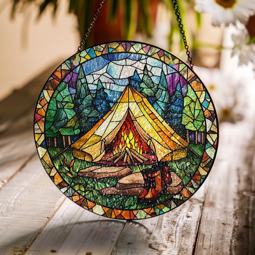 Camping Glass Suncatcher Window Hanging, Campfire Night Sky Suncatcher ...