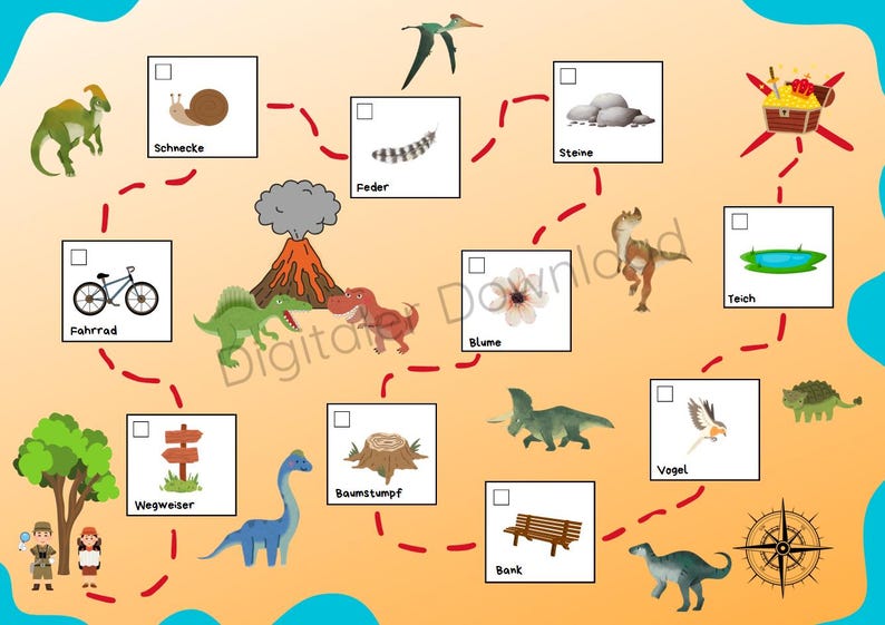 Dinosaur Treasure Map for Children, Treasure Hunt, Fill-in-the-blank ...