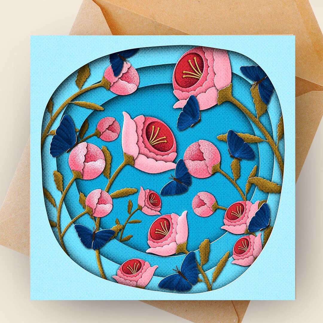 Peony and Butterfly Frameable Papercut Art Card and Print Pink & Blue ...