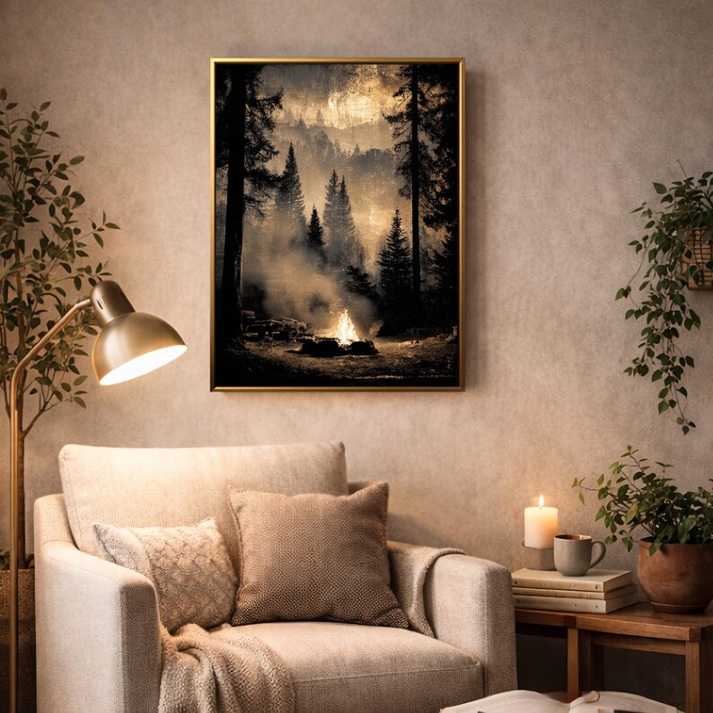 Rustic Nature Print, Moody Wilderness Decor, Campfire in the Forest ...