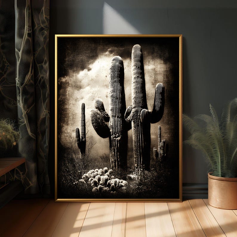 Western Desert Cactus Bloom Wall Art, Black and White Nature Canvas ...