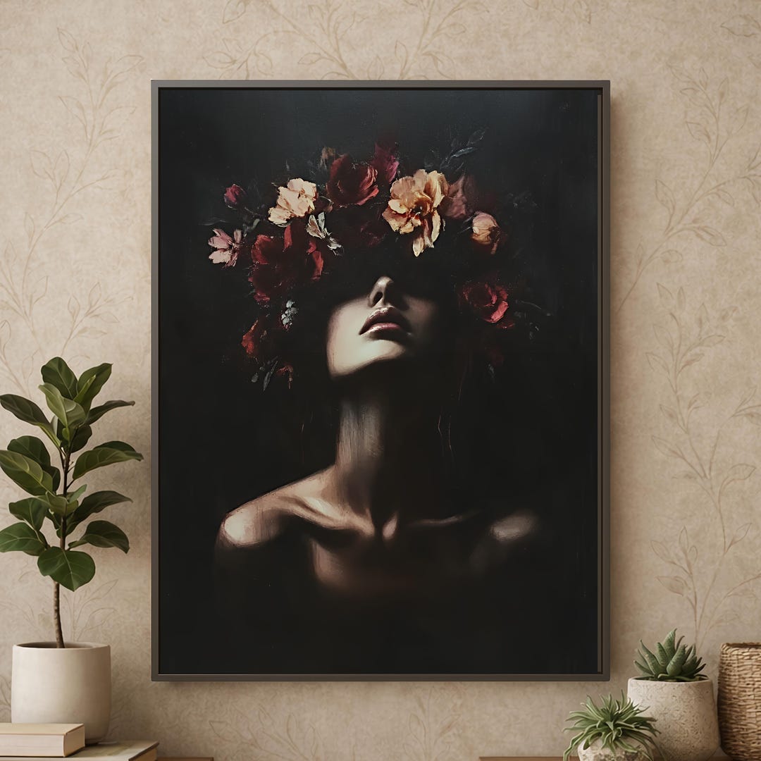 Arte mural botánico gótico, estampado abstracto floral oscuro con ...