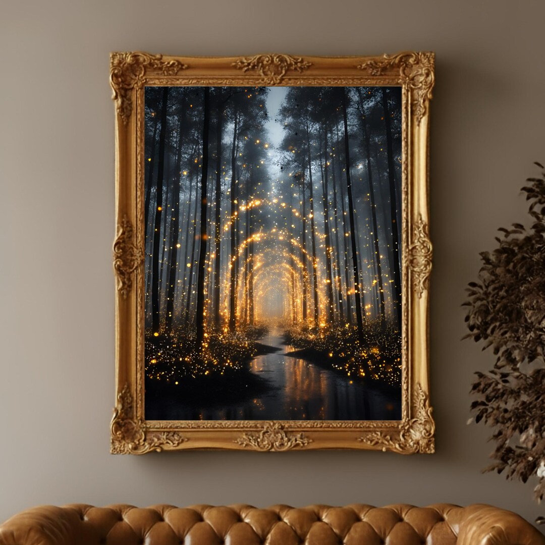 Golden Light Forest Wall Art Print, Enchanted Pathway, Firefly Night ...