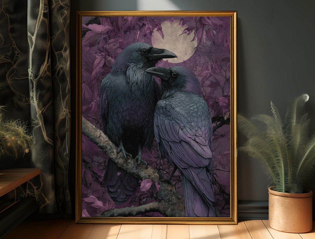 Witchy Ravens Wall Art – Romantic Raven Pair Print With Full Moon ...