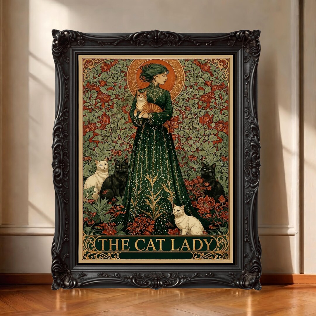 Vintage Botanical Cat Lady Illustration, Gothic Figurative Woman Canvas ...