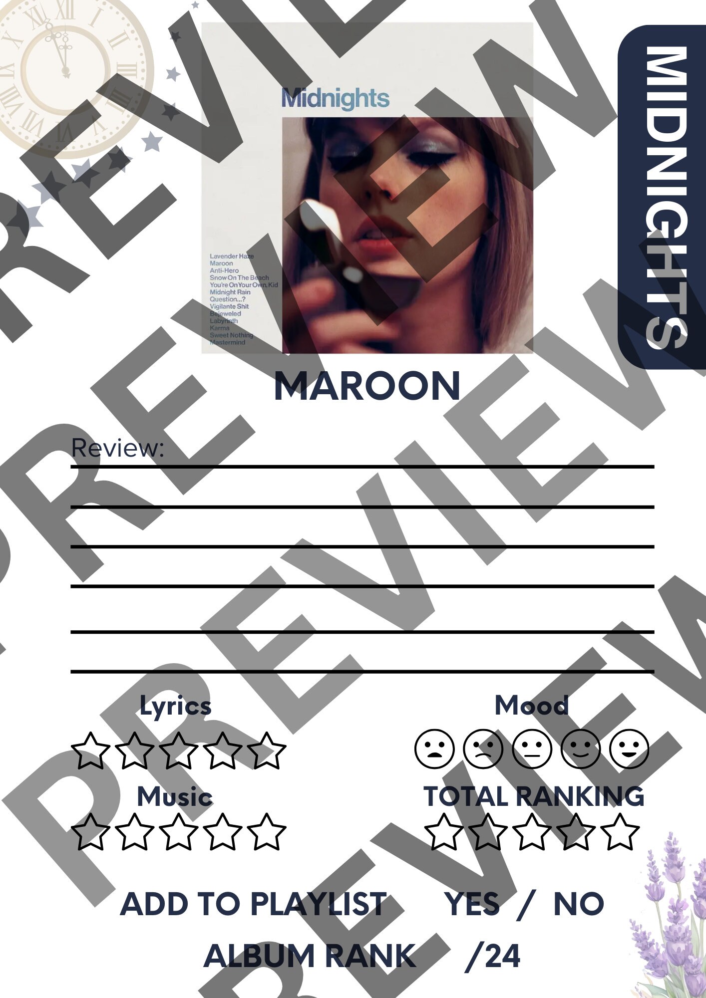 Maroon Taylor Swift Song Review Sheet - Etsy Australia