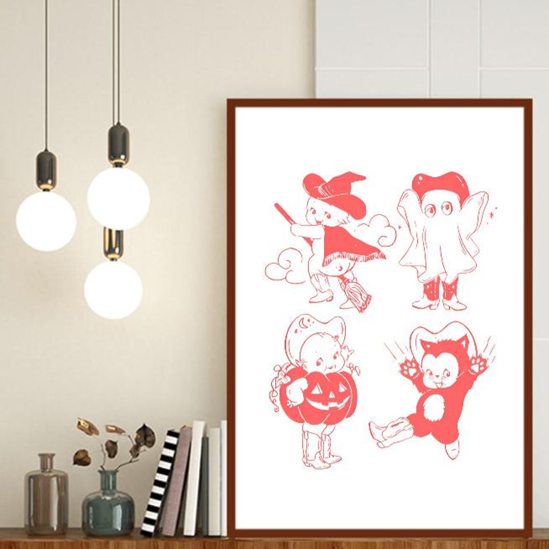 Vintage Retro Kewpie Wall Art, Halloween, Spooky Season, Line Art, Pink ...