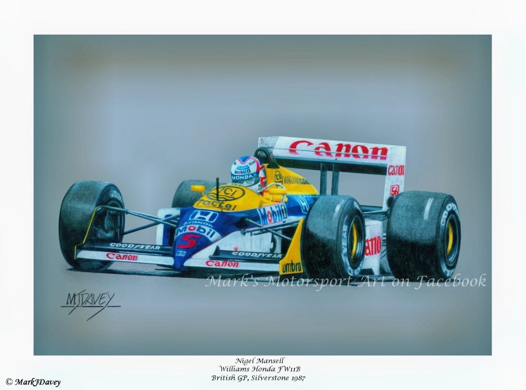 Nigel Mansell, Williams-honda FW11B at Silverstone in 1987, Pastel ...