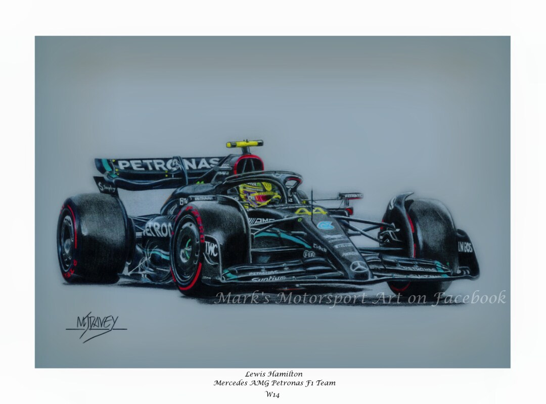 Lewis Hamilton, Mercedes W14, 2023, Pastel Pencil Drawing by Artist ...