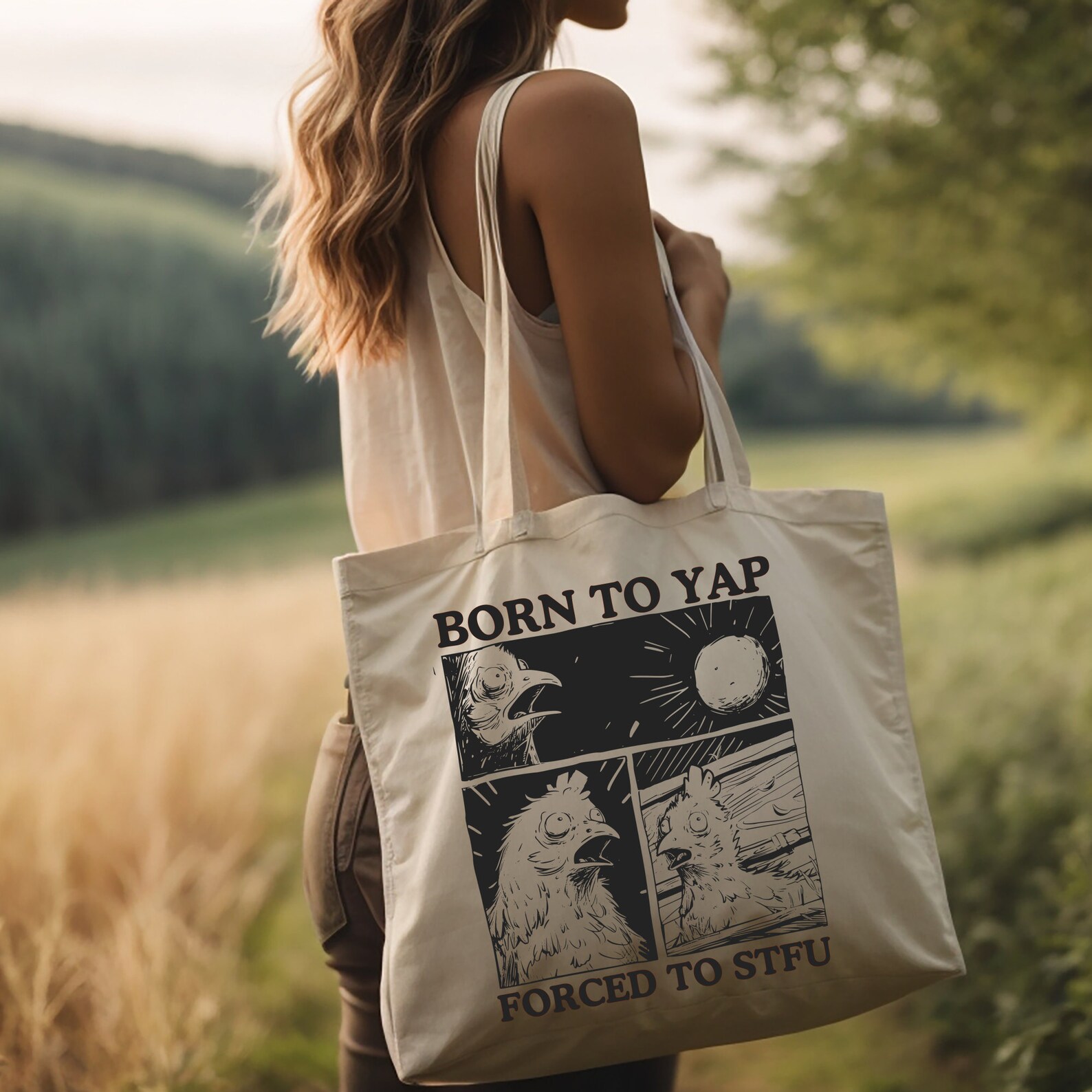 The Born to Yap Forced to Stfu Chicken Tote Bag, Grocery Bag, Shopping ...