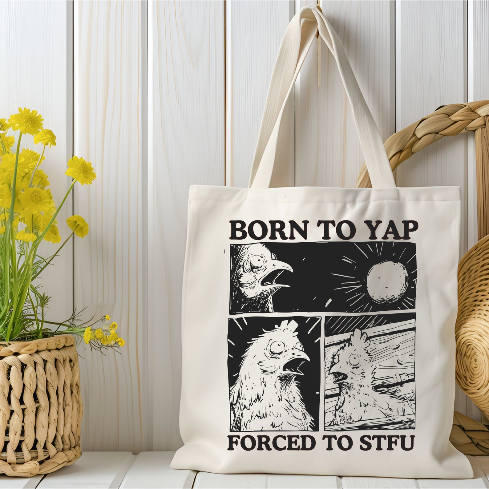 The Born to Yap Forced to Stfu Chicken Tote Bag, Grocery Bag, Shopping ...