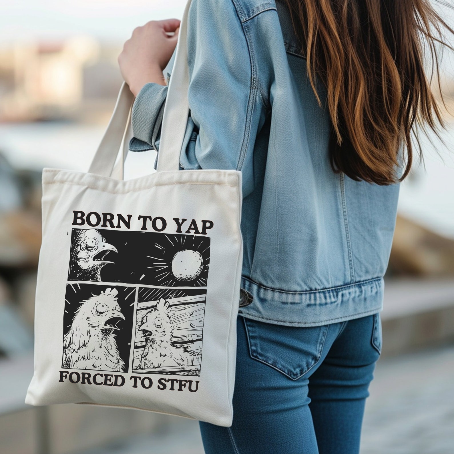 The Born to Yap Forced to Stfu Chicken Tote Bag, Grocery Bag, Shopping ...