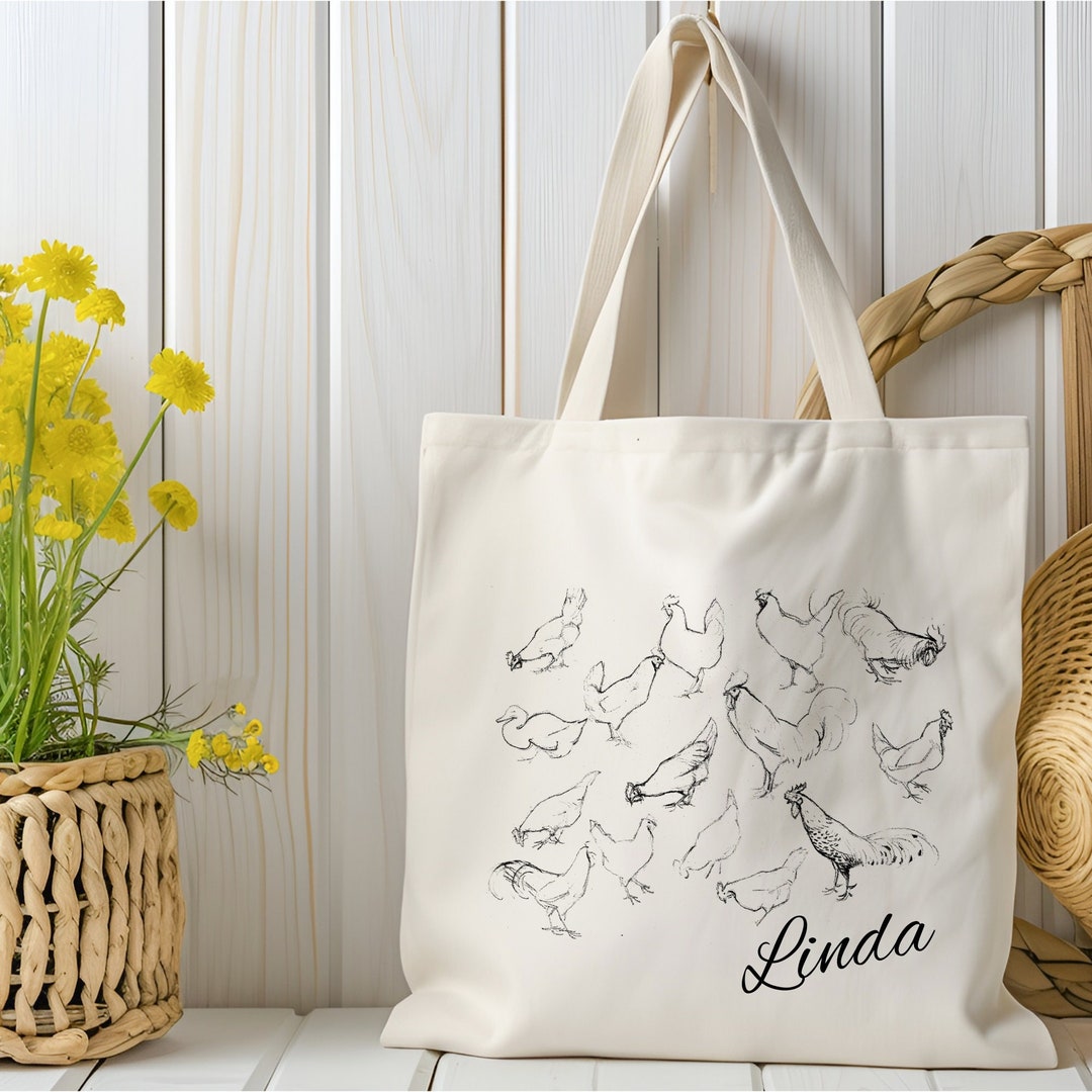 Vintage Hand Drawing Chickens Tote Bag, Farm Animals Farmer Funny Farm ...