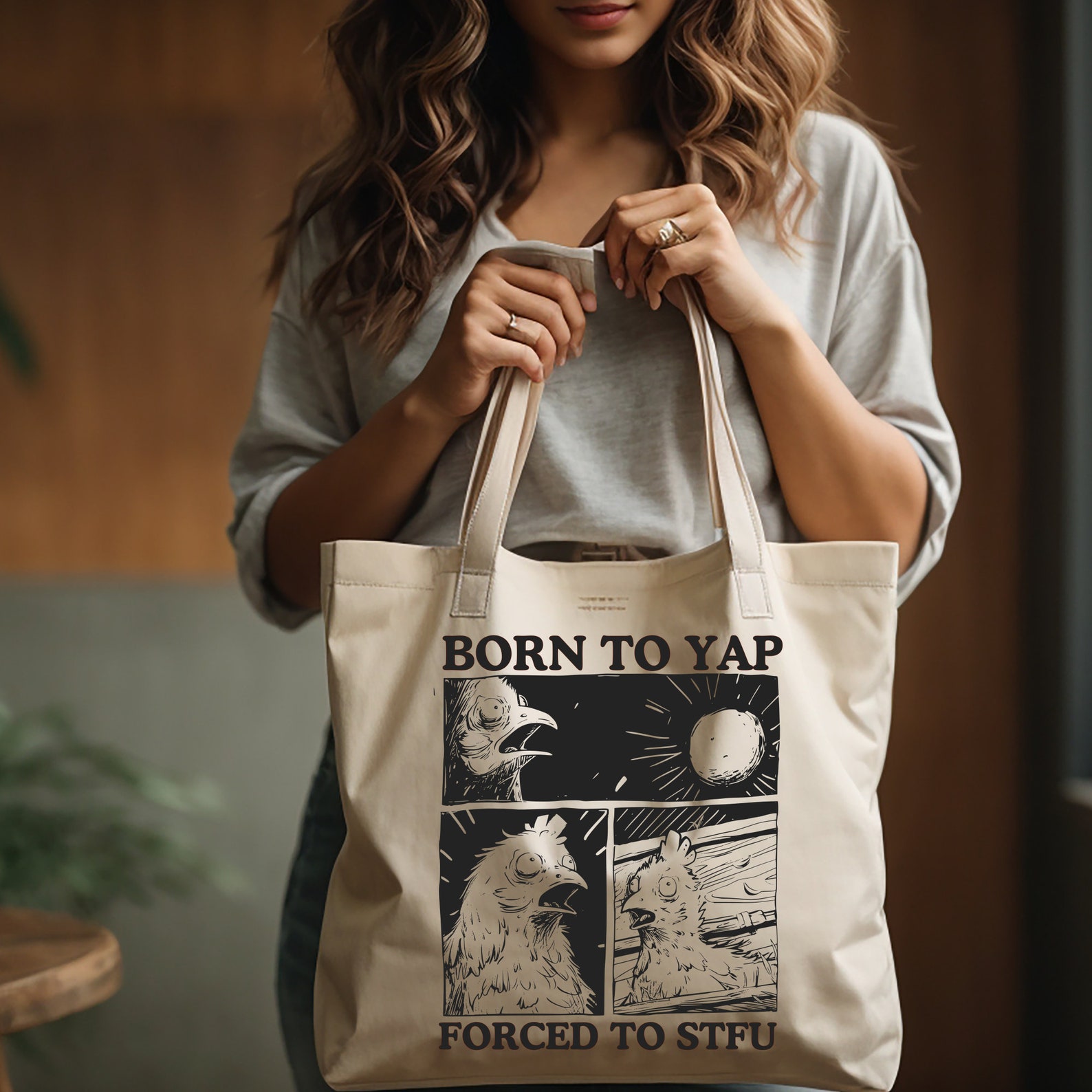 The Born to Yap Forced to Stfu Chicken Tote Bag, Grocery Bag, Shopping ...