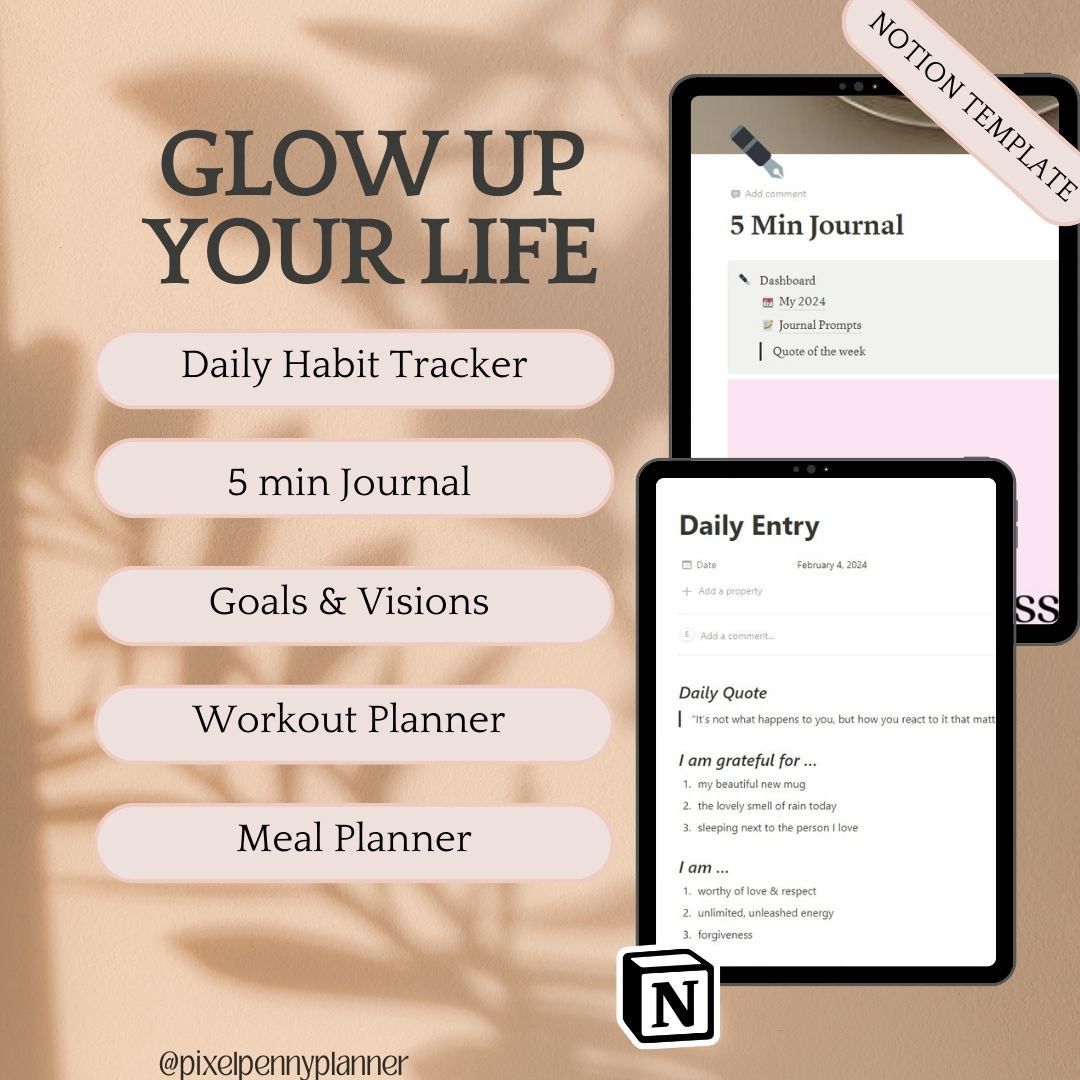 Healthy Lifestyle Planner Bundle Notion Template Glow Up Planner Glow ...