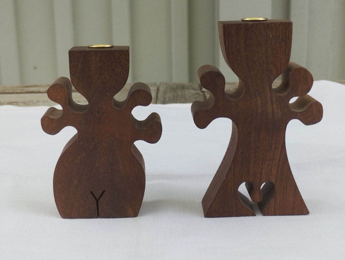 Two Fanny Handmade Brow Wooden Candle Holders. Swedish Vintage 1980s ...