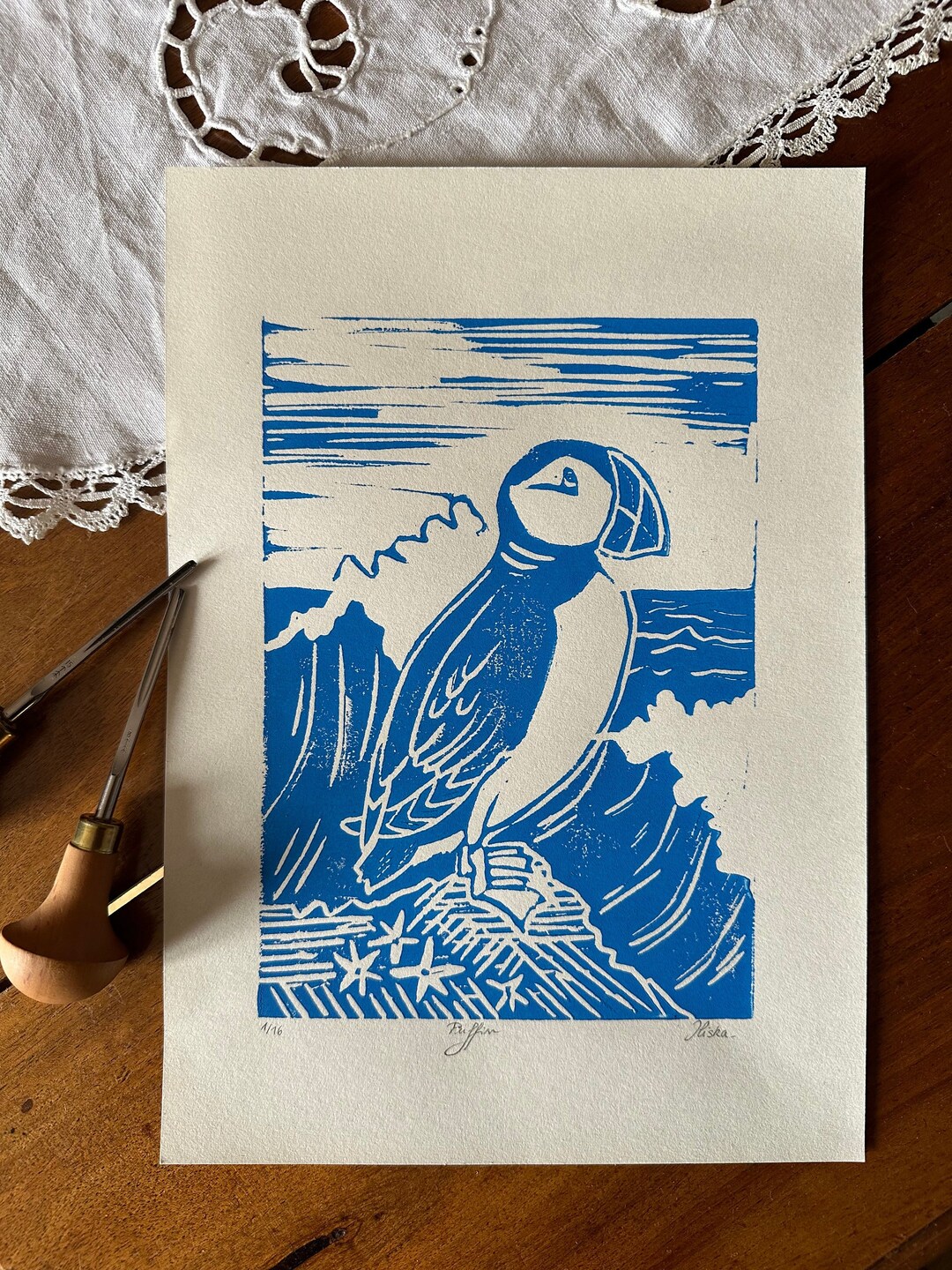 Linocut, Puffin, Puffin, Handmade Print, Limited Edition, Illustration ...