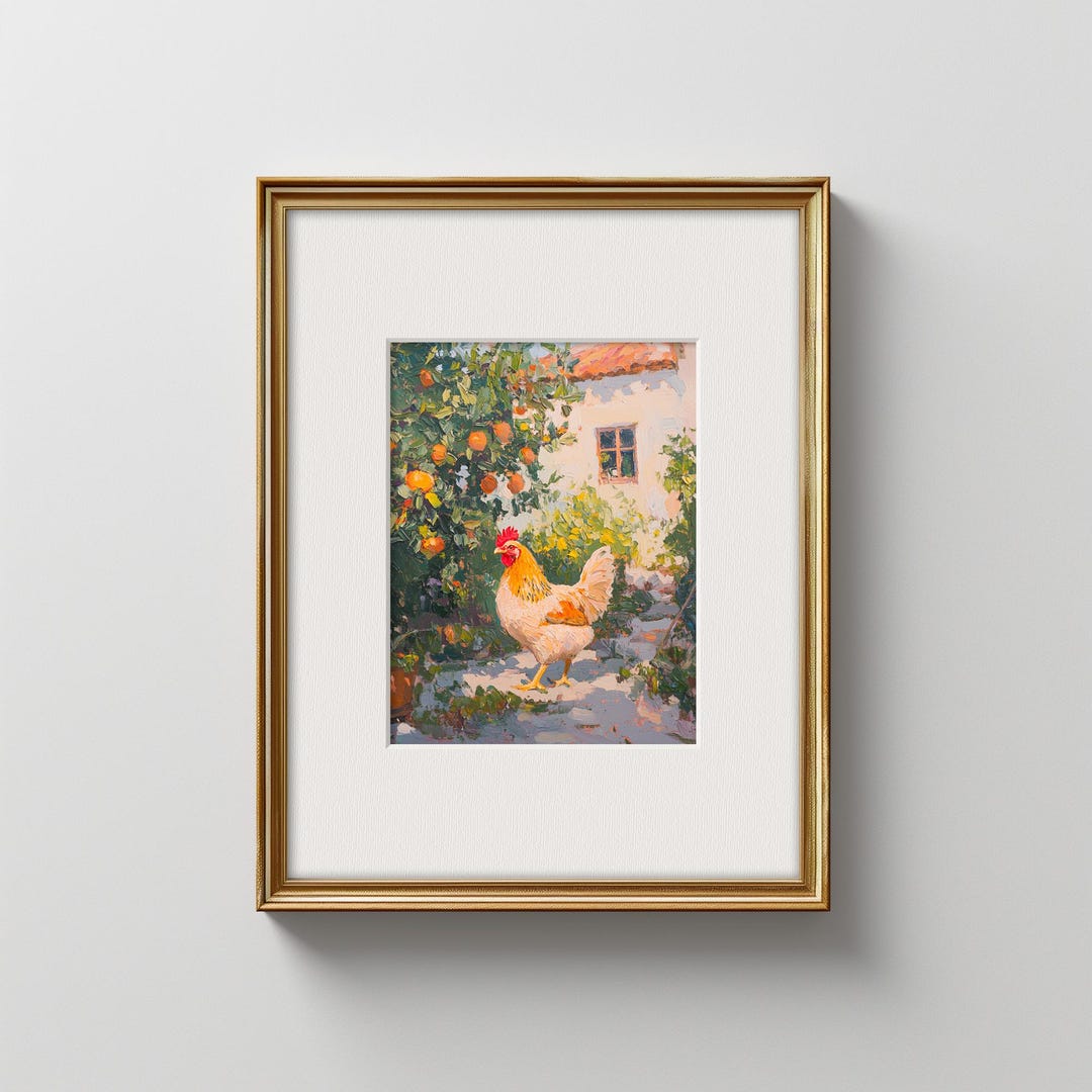 Hen Under Orange Tree PRINTABLE | Warm Rustic Oil Painting | French ...