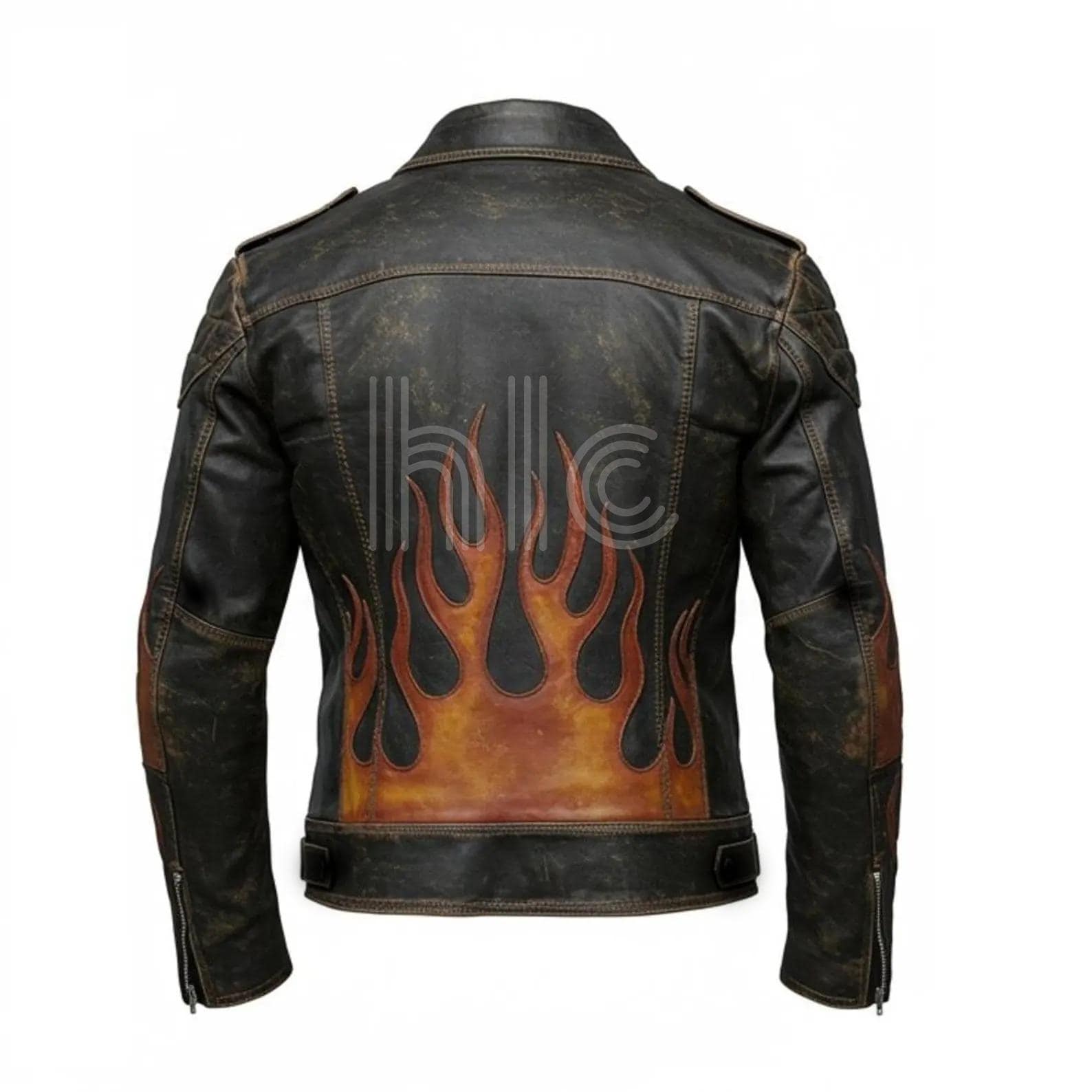 Handmade Mens Black Distressed Biker Flame Leather Jacket – Vintage ...