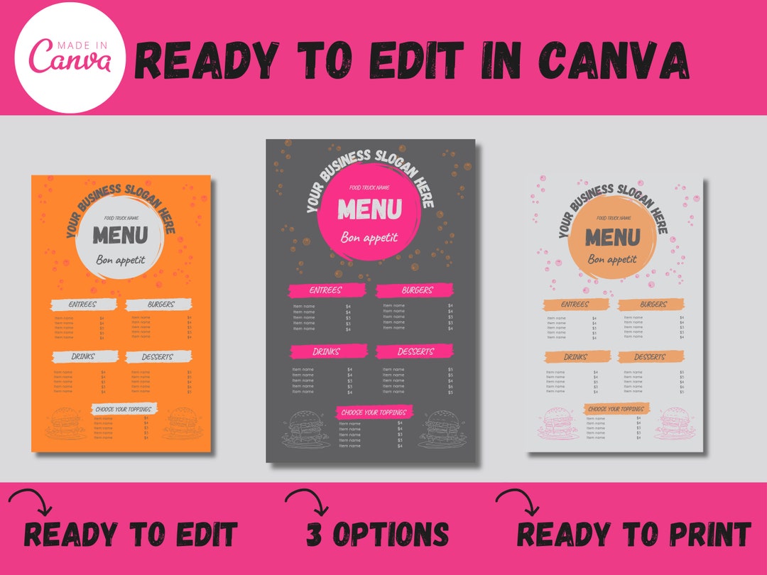 Editable Menu Template, Menu Board, Printable 11 X 17 In. Menu ...