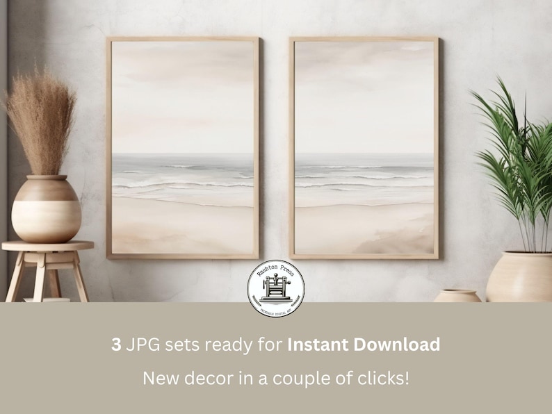 Greige Beach Watercolor Set of 2 | Neutral Landscape Abstract Print ...