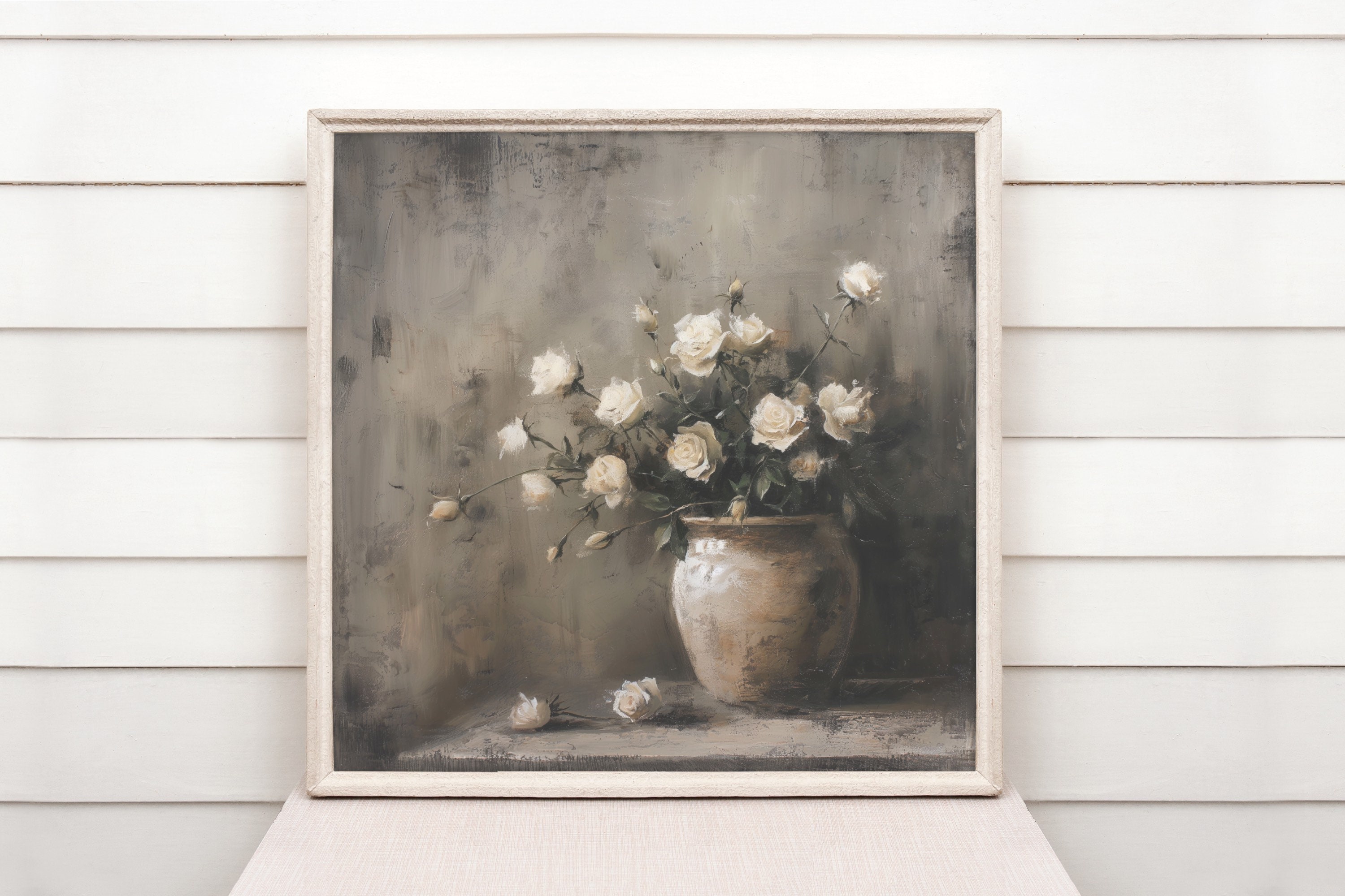 Moody Roses Painting Vintage Square Flower Still Life Print Rose Floral ...