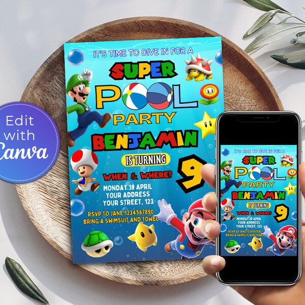 Pool Party Invitation Super Mario - Etsy