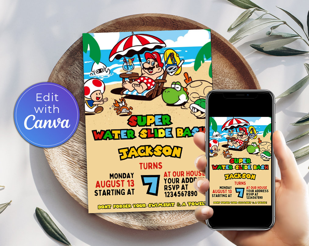 Super Mario Pool Party Birthday Invitation Mario Waterslide Invitation ...