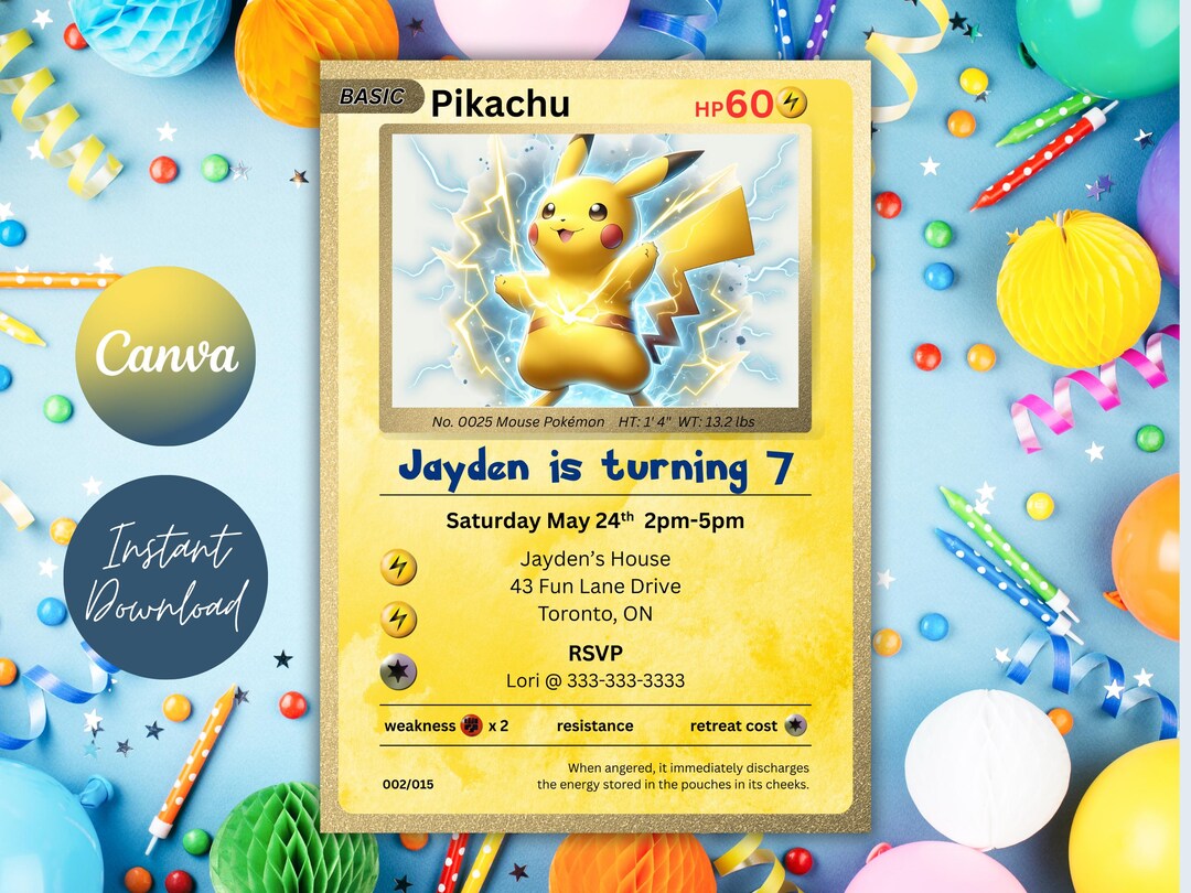 Pikachu Pokemon Editable and Printable Birthday Invitation Gold Pokemon ...