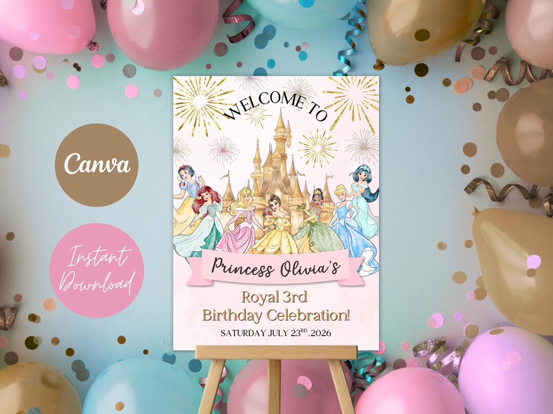 Princess Birthday Welcome Sign: Pink Fairytale Party Decor (editable ...