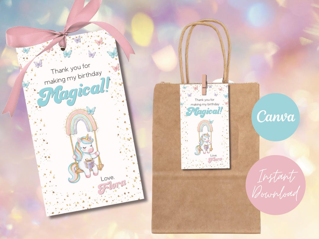 Unicorn Birthday Thank You Tags: Editable Magical Day Favor Labels ...