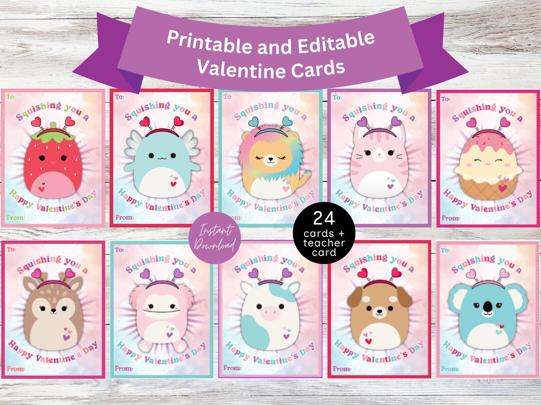 Squishmallow Valentine Cards Canva Template + Printable PDF | Cute ...