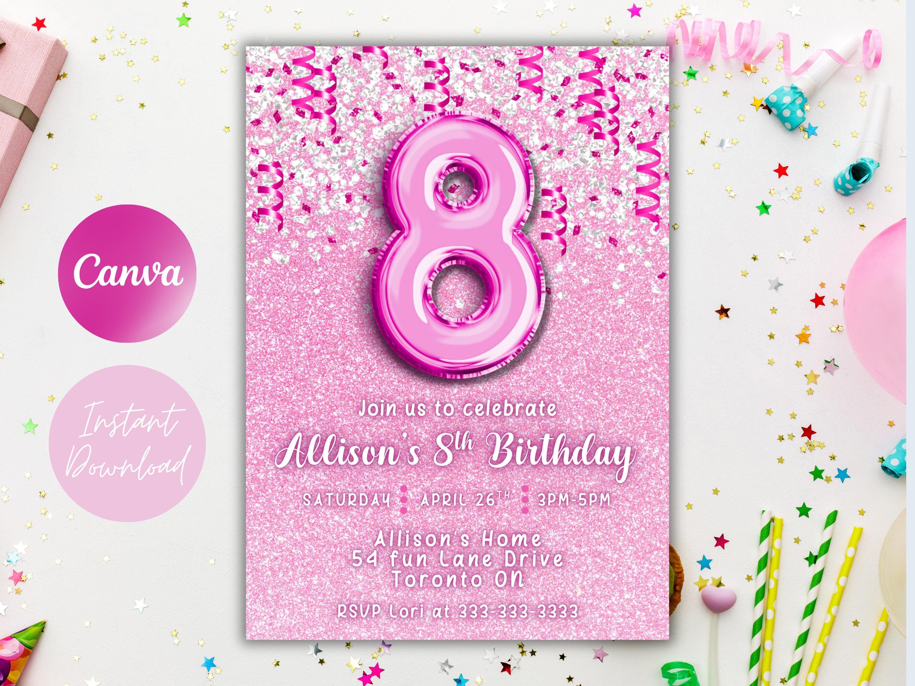 Editable Pink 8th Birthday Invitation Template Glitter Birthday Party ...