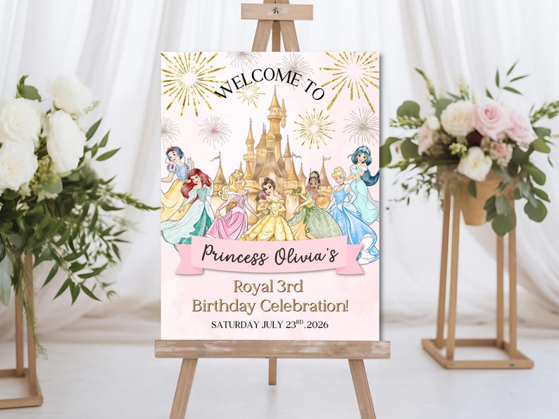 Princess Birthday Welcome Sign: Pink Fairytale Party Decor (editable ...