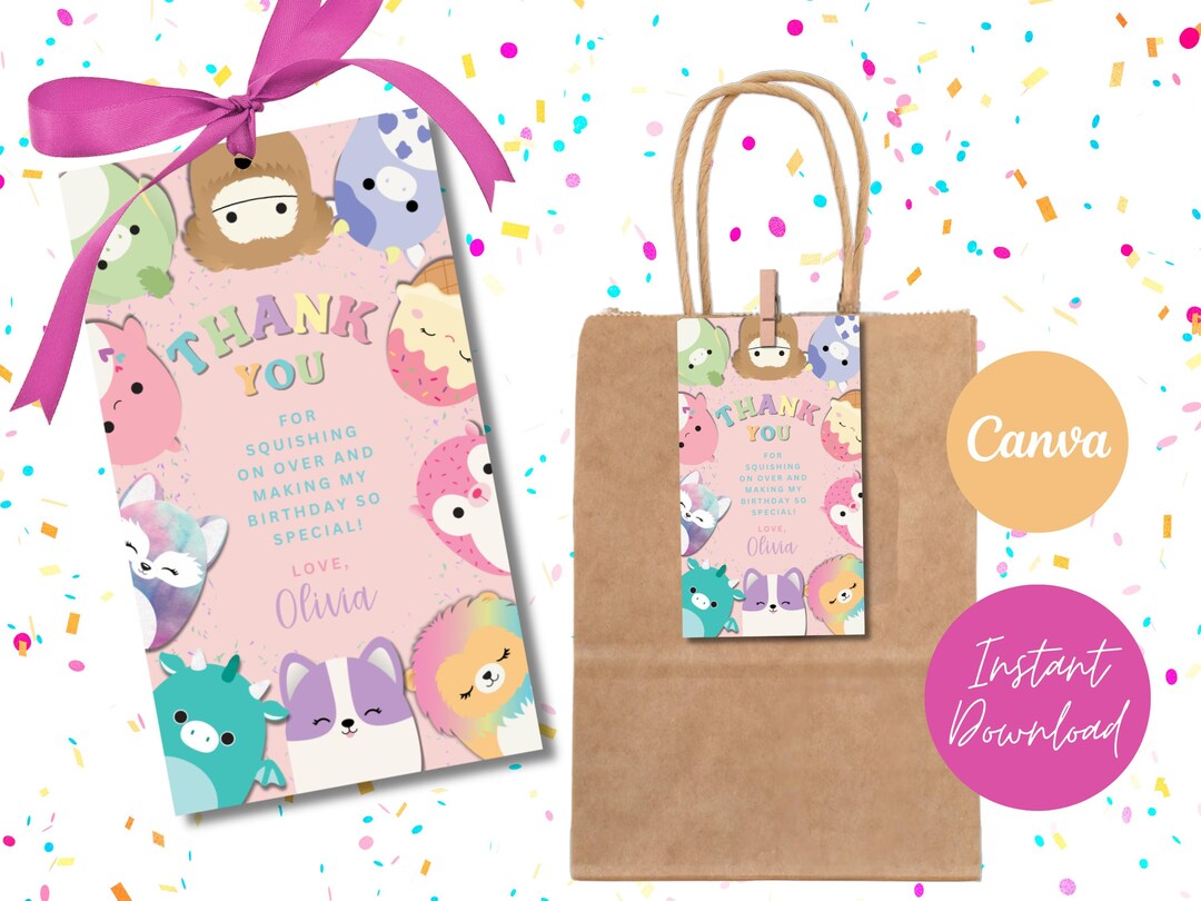 Editable Squishmallow Thank You Tags, Squishy Favor Gift Tags Labels ...